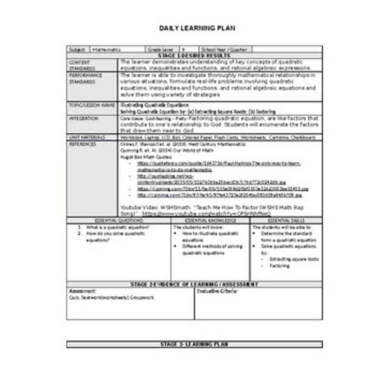 Lesson Plan Quadratic Equations - Tessshebaylo