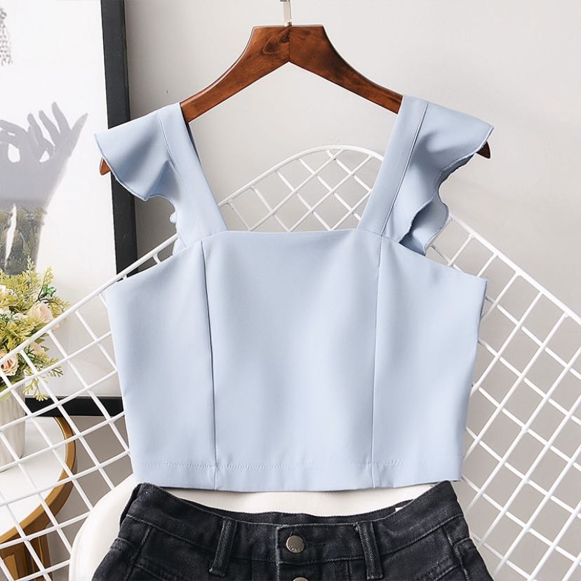 Light Blue flutter crop top, Women's Fashion, Tops, Sleeveless on Carousell