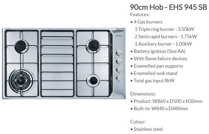 ELBA 3/4 BURNER STAINLESS STEEL GAS HOB [EHS 635 SB/EHS 935 SB/EHS 945 ...