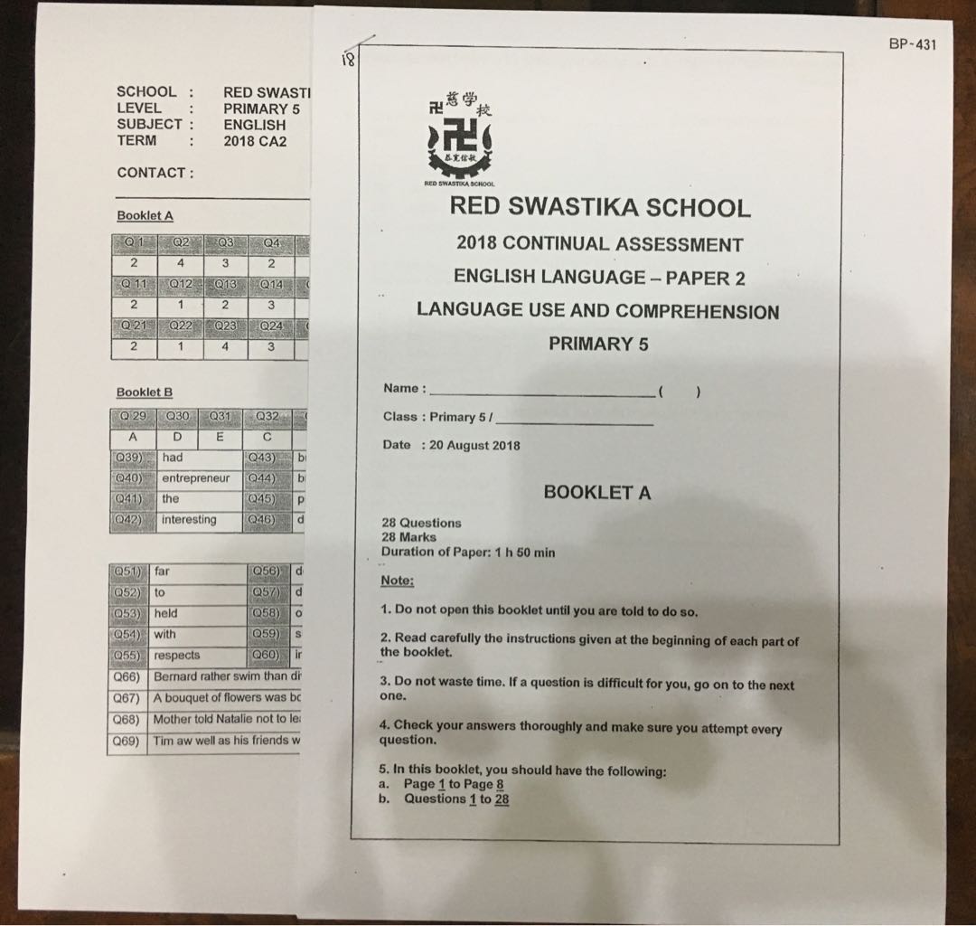 School Exam Papers - Red Swastika School English Language CA1 2018 ...