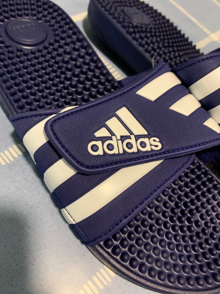 Adidas Adissage Navy Blue Slides, Sports, Sports Apparel on Carousell
