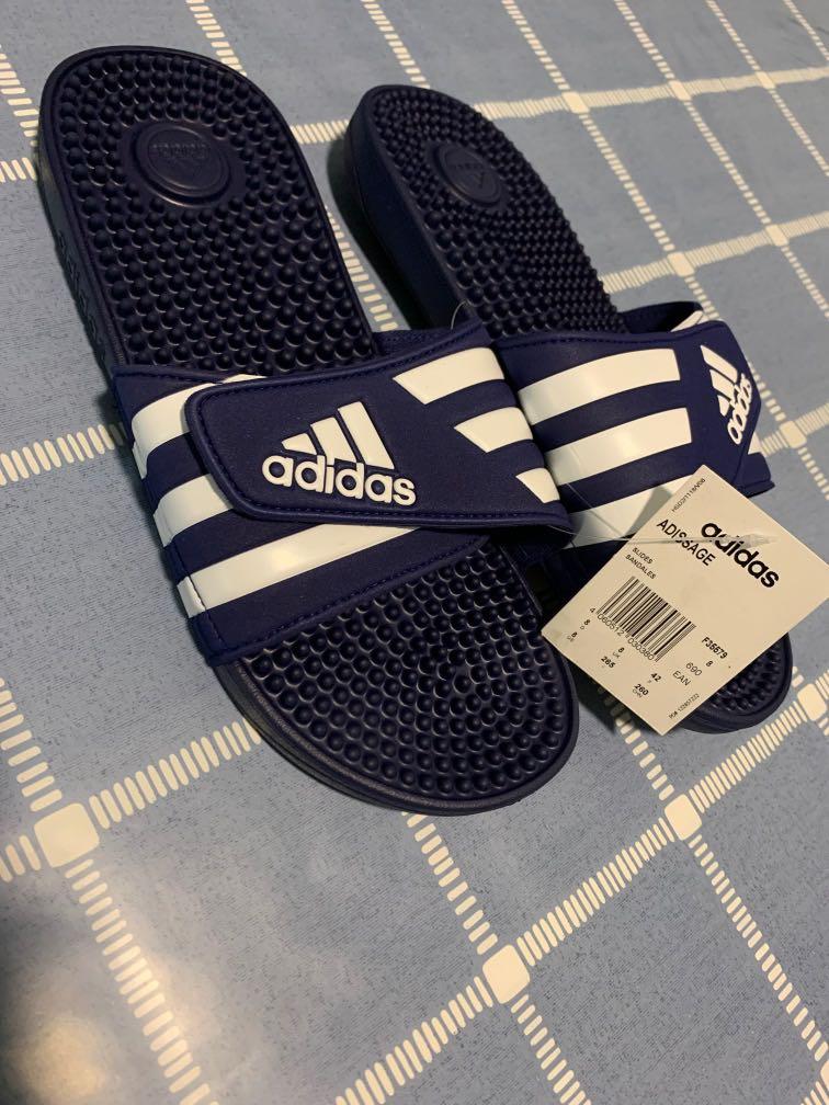 Adidas Adissage Navy Blue Slides, Sports, Sports Apparel on Carousell