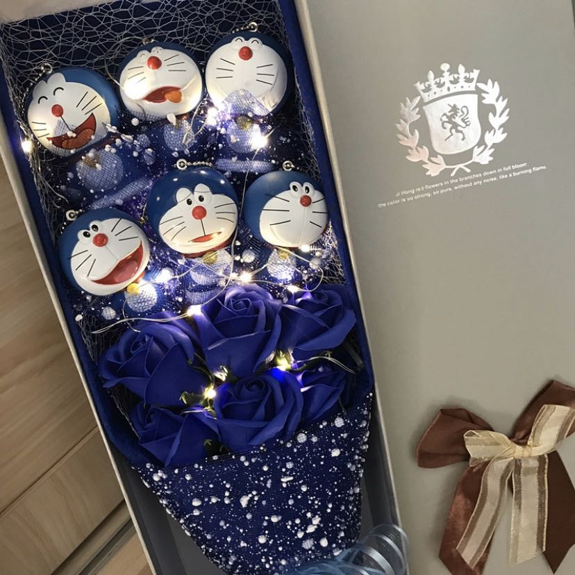 Doraemon Flower Bouquet In Gift Box (6 Doraemon + 6 Blue Soap Roses ...