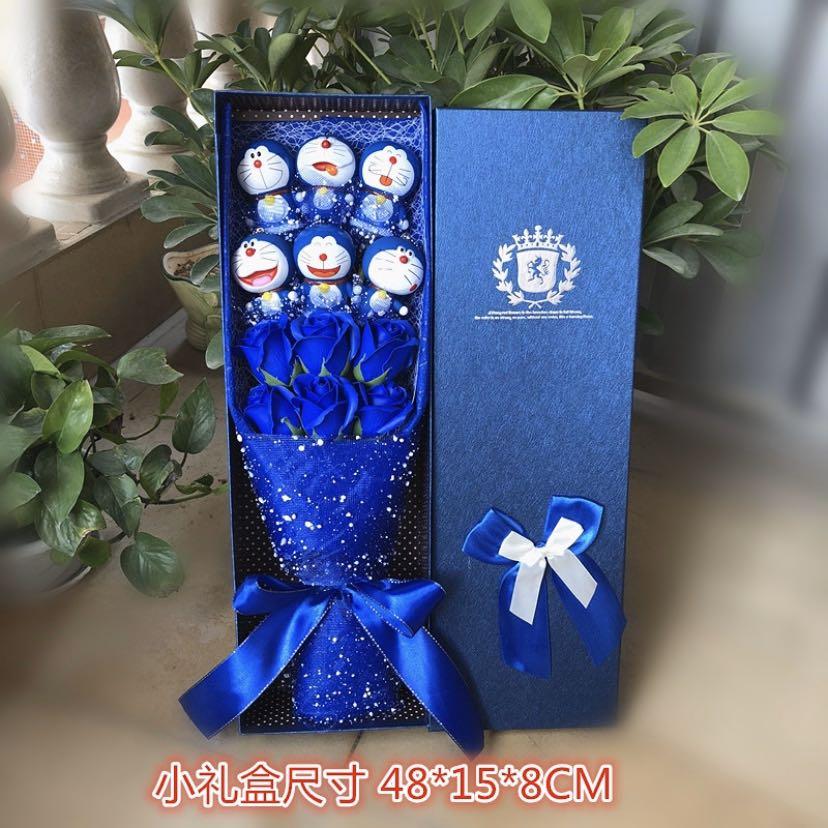 Doraemon Flower Bouquet In Gift Box (6 Doraemon + 6 Blue Soap Roses ...