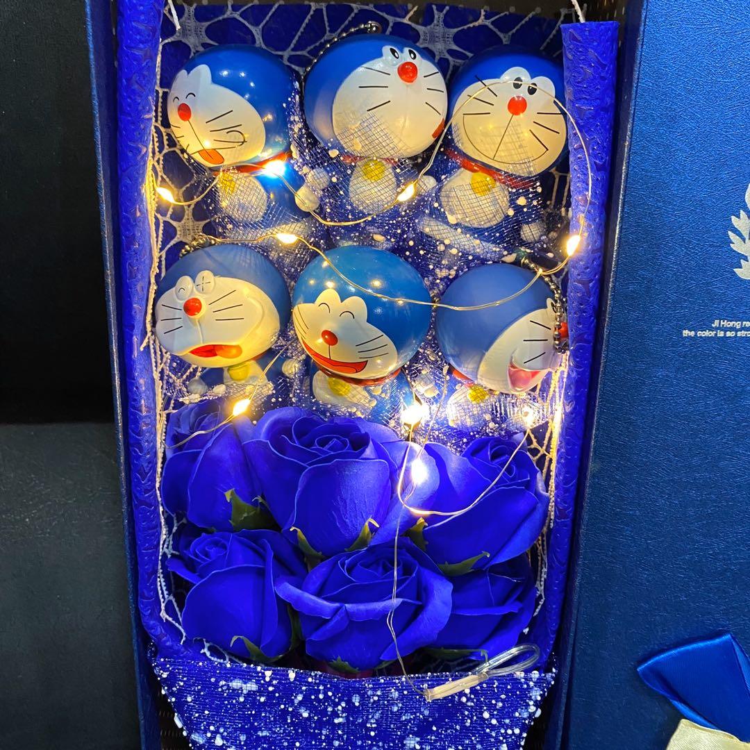 Doraemon Flower Bouquet In Gift Box (6 Doraemon + 6 Blue Soap Roses ...