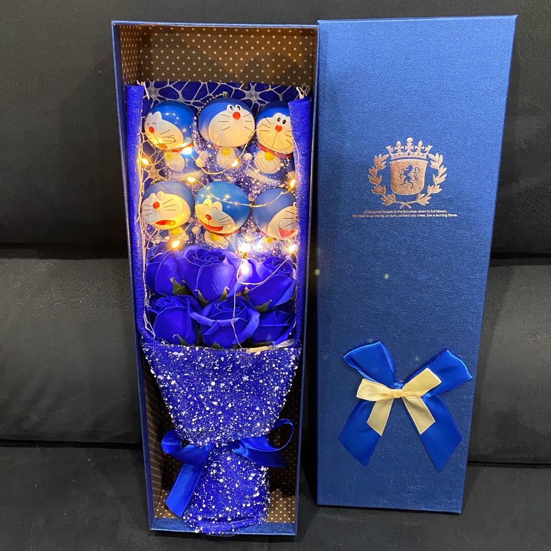 Doraemon Flower Bouquet In Gift Box (6 Doraemon + 6 Blue Soap Roses ...