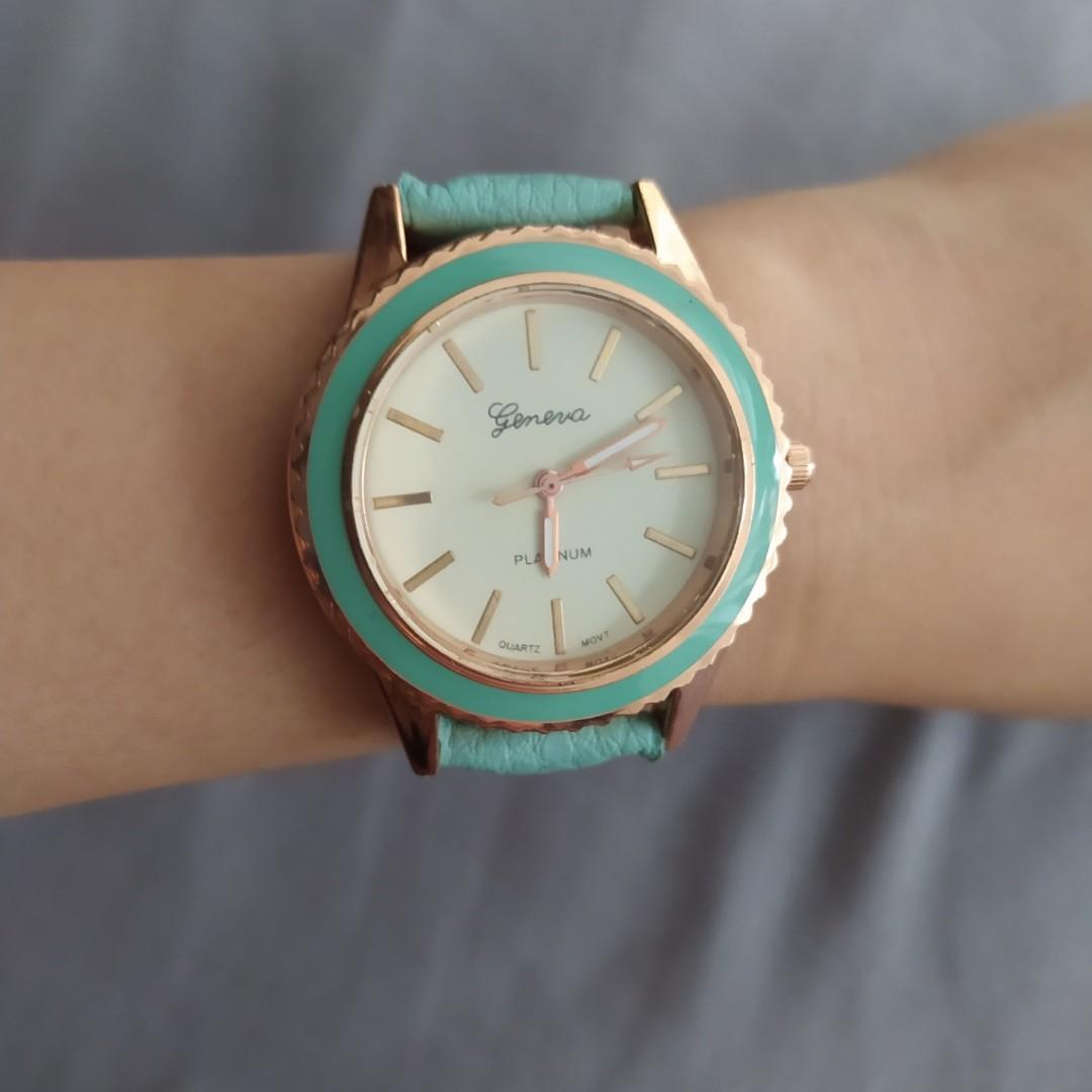 Jam Tangan Kulit Hijau Tosca Geneva, Fesyen Wanita, Jam Tangan di Carousell