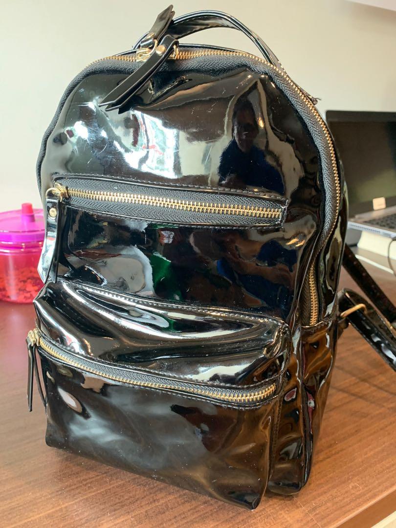 Typo Black patented leather backpack, Women's Fashion, Bags & Wallets ...