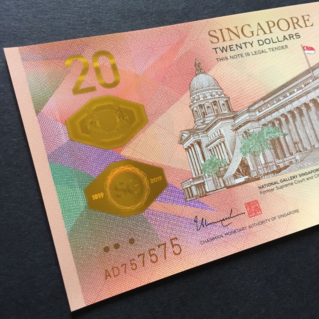 2019 SINGAPORE BICENTENNIAL 20 DOLLARS POLYMER AD 757575 P-NEW aUNC ...
