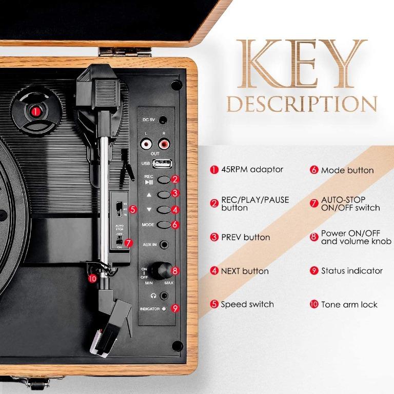 Popsky Record Player, Vintage Turntable Bluetooth Record Player Suitcase, Audio, Portable Music ...