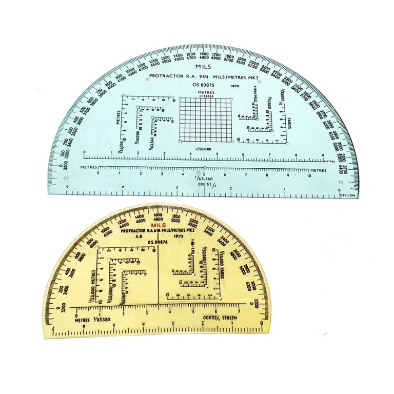 Semi-circular protractors for map reading. Large ($3.00) and small ($2. ...