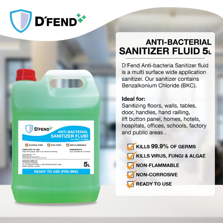 D'Fend Anti-Bacterial Sanitiser Fluid 5L (Alcohol-free), Health ...
