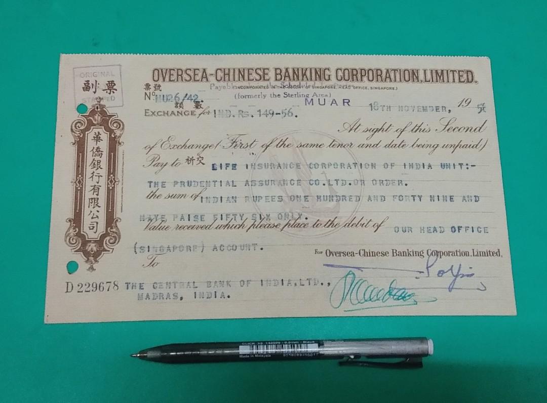 1956 bankers cheque Oversea-Chinese Banking, Hobbies & Toys ...