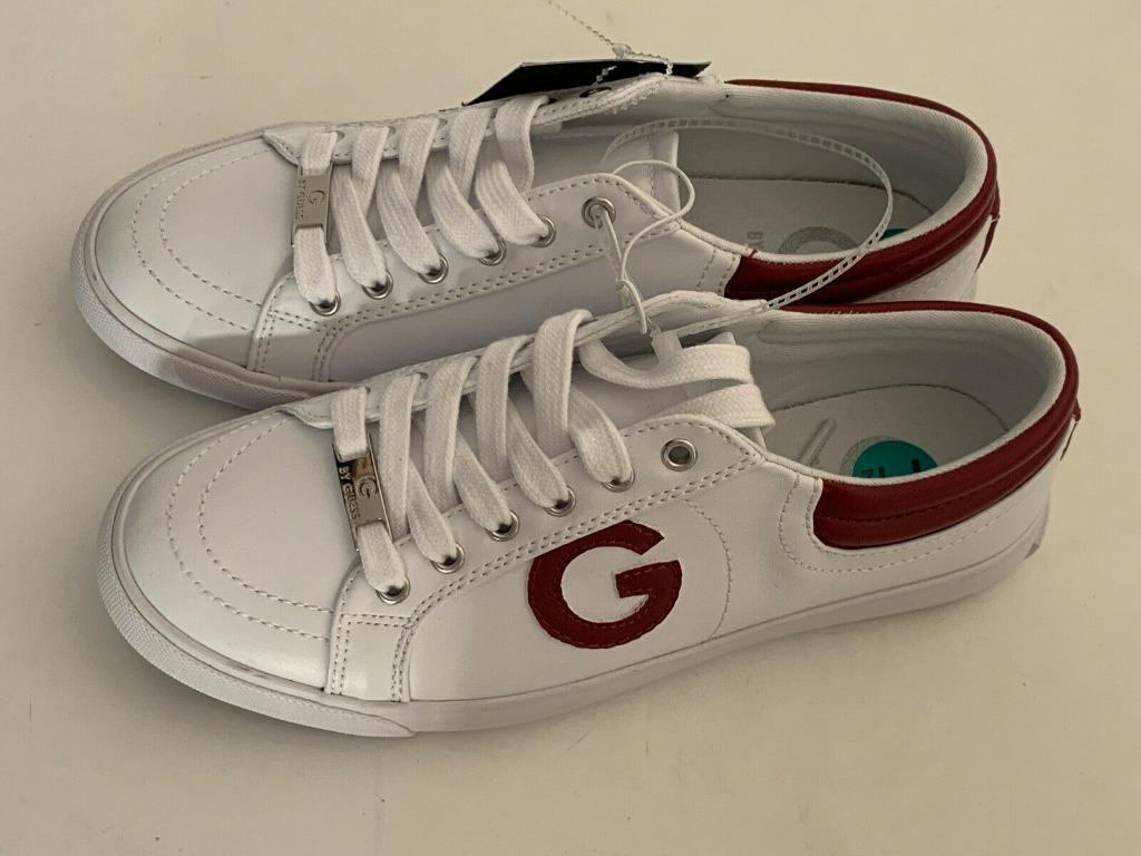 NEW! GUESS OMEGGA RUBY RED LOGO WHITE LEATHER SNEAKERS SHOES, Women's ...
