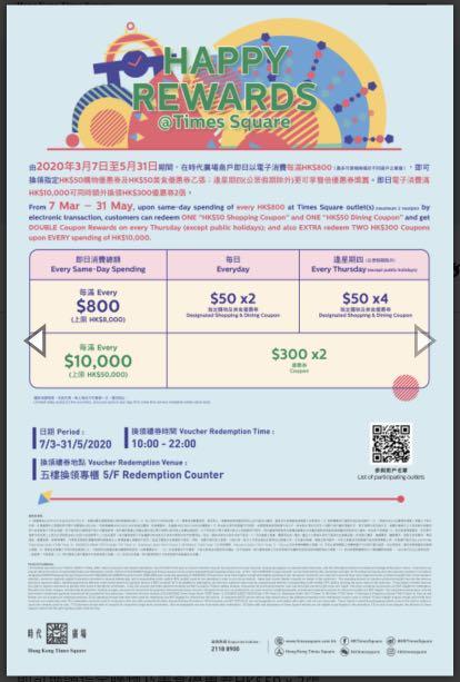 Times Square 時代廣場 Happy Rewards Cash Coupons (共101張), 門票＆禮券, 現金券、兌換券、禮券 ...