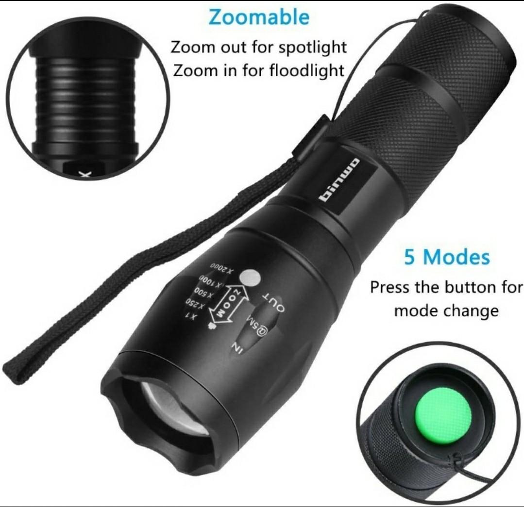 Binwo Extra Bright LED Rechargeable Flashlight Torchlight with Zoom ...