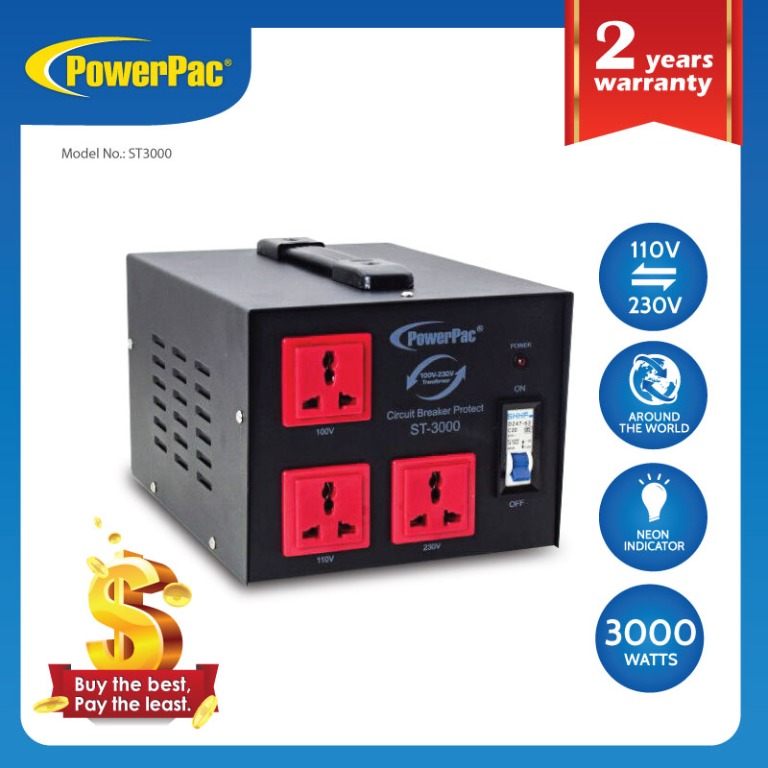 PowerPac 3000W Heavy Duty Step Up & Down Voltage Converter Transformer ...
