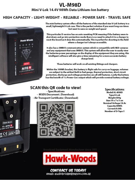 Hawk Woods Vl M98d 14 4v 98wh Minivlok V Mount Li Ion Rechargeable