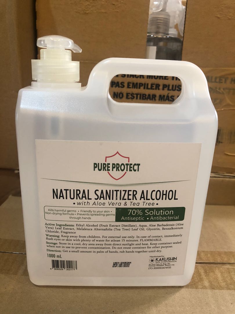 Pure Protect Natural Sanitizer Alcohol 1liter pump 70% solution, Beauty ...