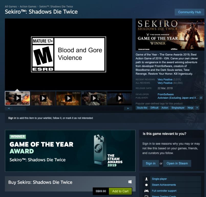 Sekiro™: Shadows Die Twice Steam, Video Gaming, Video Games ...
