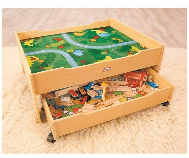 (HOT) Little Tikes Real Wooden Train Table Set for Kids, Deluxe Over ...