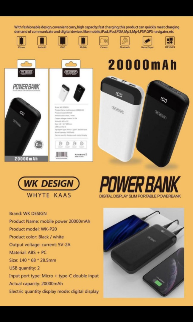 WK Design 20k mAh Powerbank with FOC Cable, Mobile Phones & Gadgets ...