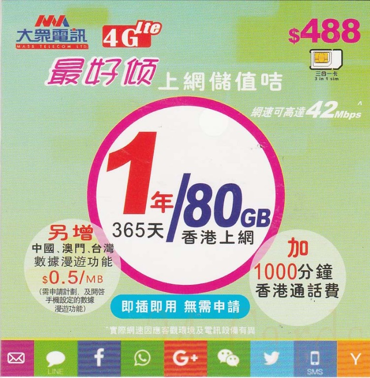 {荃灣24Cards} 大眾Mass 365日80GB (CSL網絡) 上網數據卡 + 1000 通話分鐘 4G LTE 本地數據儲值卡 售142包郵, 手提電話, 電話及其他裝置配件 ...