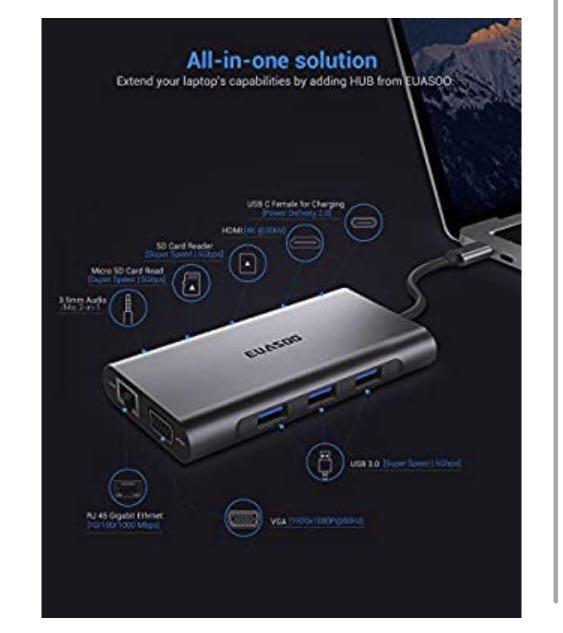 EUASOO USB C Hub 10 in 1 Aluminum Type C Hub with HDMI 4K, Gigablit Ethernet, VGA, USBC Female ...