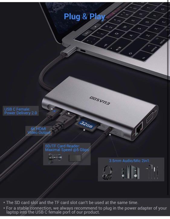 EUASOO USB C Hub 10 in 1 Aluminum Type C Hub with HDMI 4K, Gigablit Ethernet, VGA, USBC Female ...