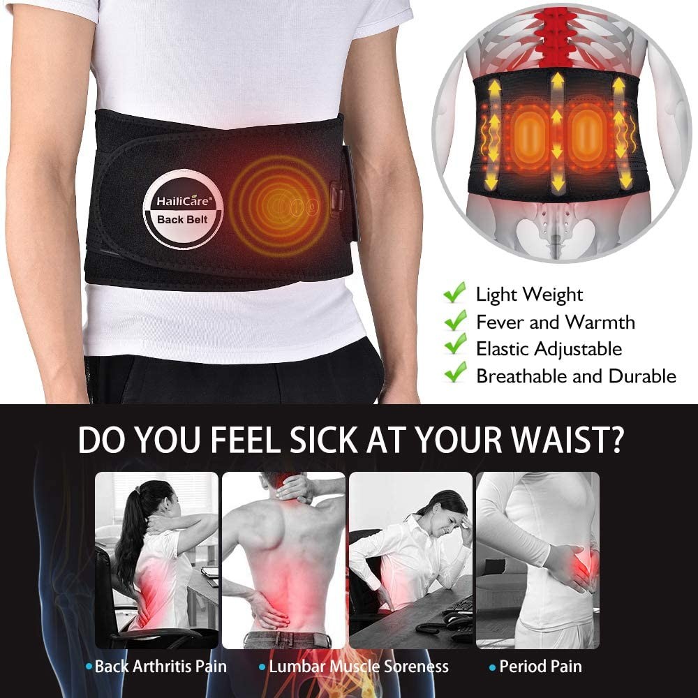 HailiCare Heated Back Support Belt, Waist Belt Wrap, Heat & Vibration ...