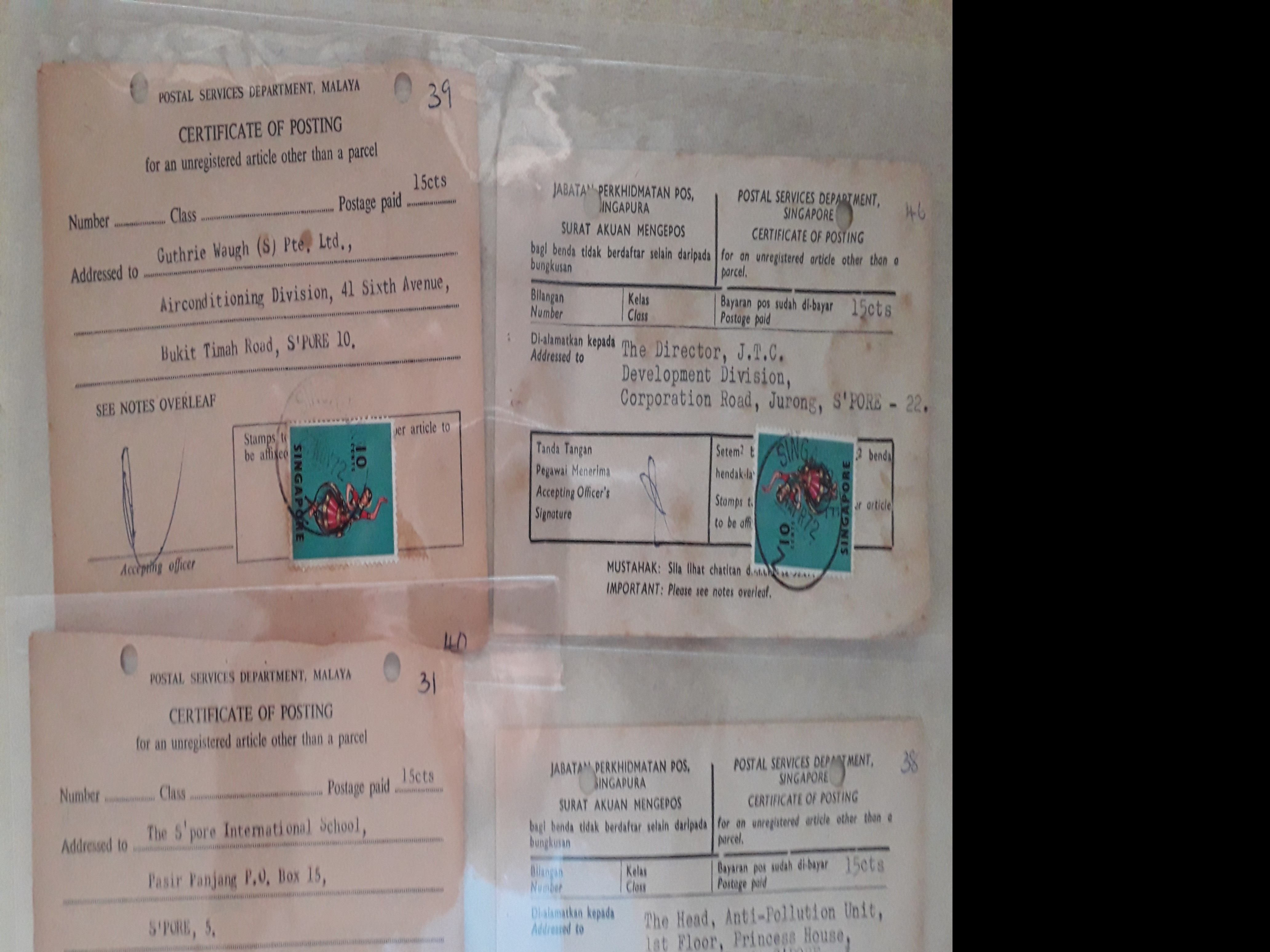 1970's Certificate of Posting Malaya Postal Service Department use in ...