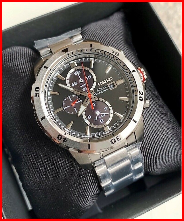 Seiko Solar Chronograph Black Dial Silver Stainless Steel Men Watch ...