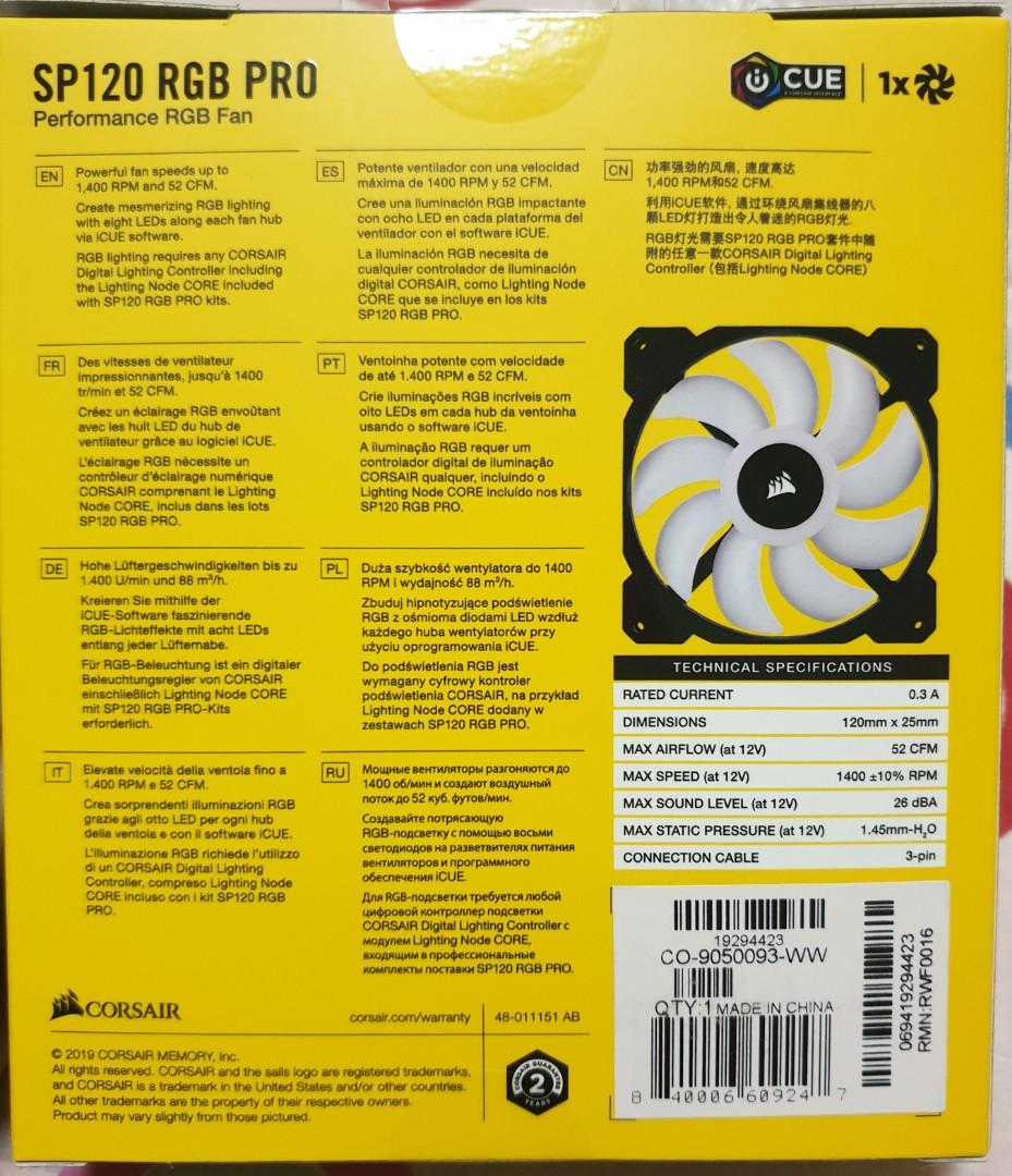 CORSAIR SP120 RGB PRO SINGLE FAN, Electronics, Computer Parts ...