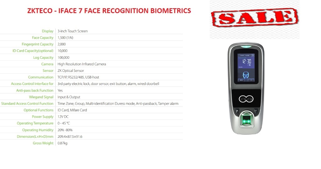 ZKTeco IFace 7 Face Recognition Biometrics, Furniture & Home Living ...