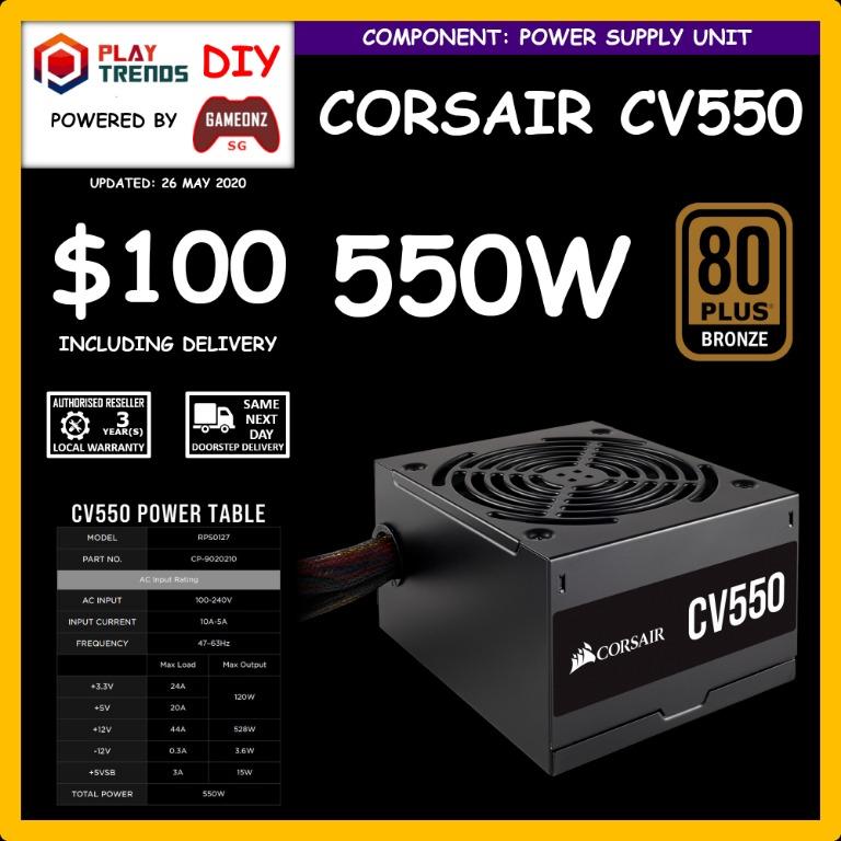 CORSAIR CV550 550W PSU 80+ BRONZE COMPONENT POWER SUPPLY UNIT SKU CP ...