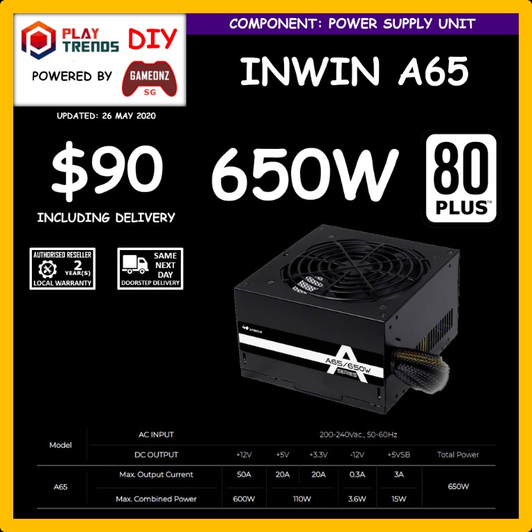 FREE SAME NEXT DAY DELIVERY INWIN A65 650W PSU 80+ WHITE COMPONENT ...