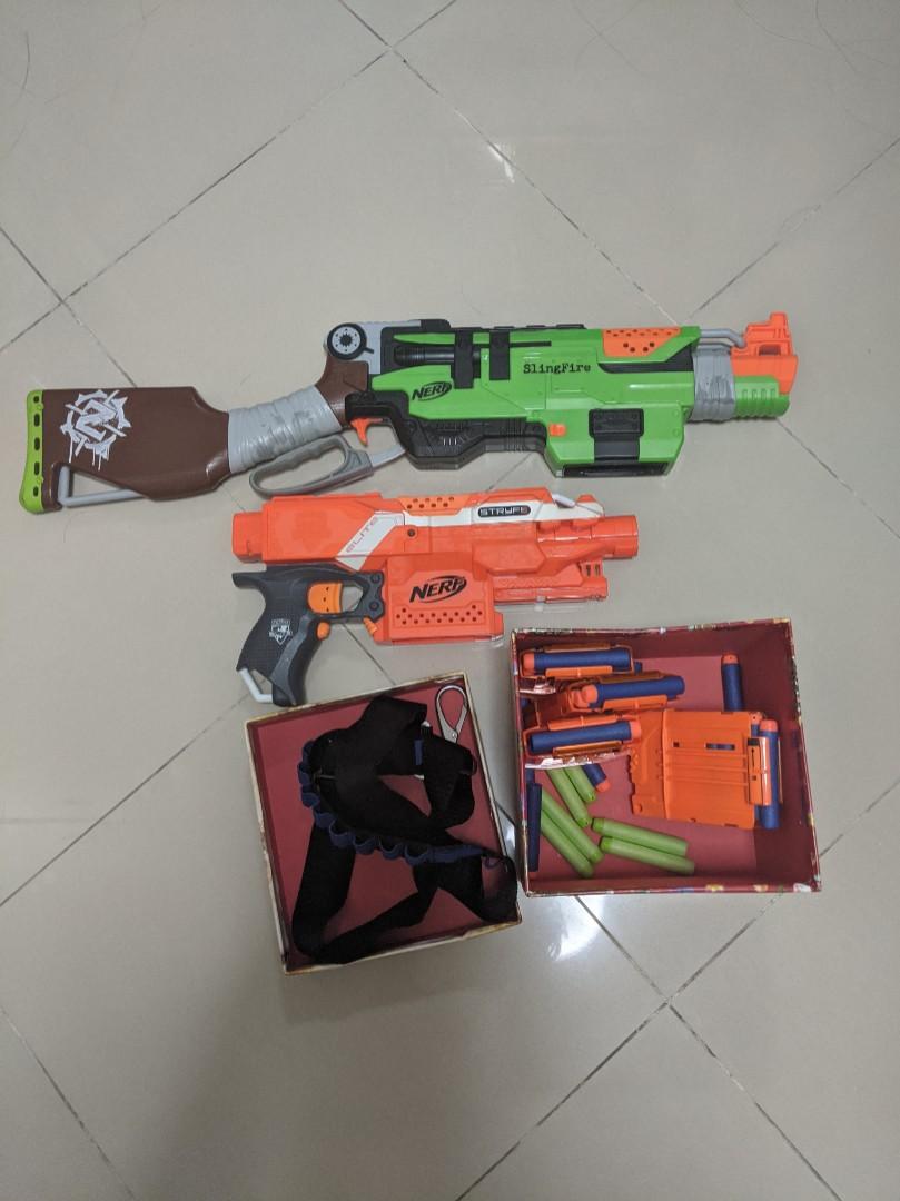 Nerf Elite Stryfe gun and Zombie Strike Slingfire blaster gun, Hobbies ...