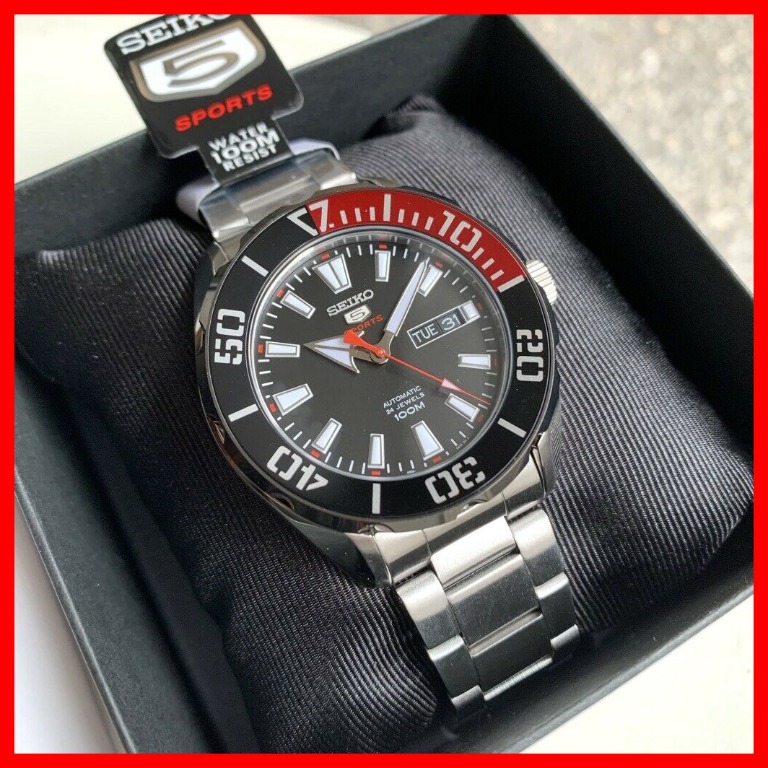 Seiko 5 Sports Automatic Black and Red Bezel Silver Stainless Steel Men ...