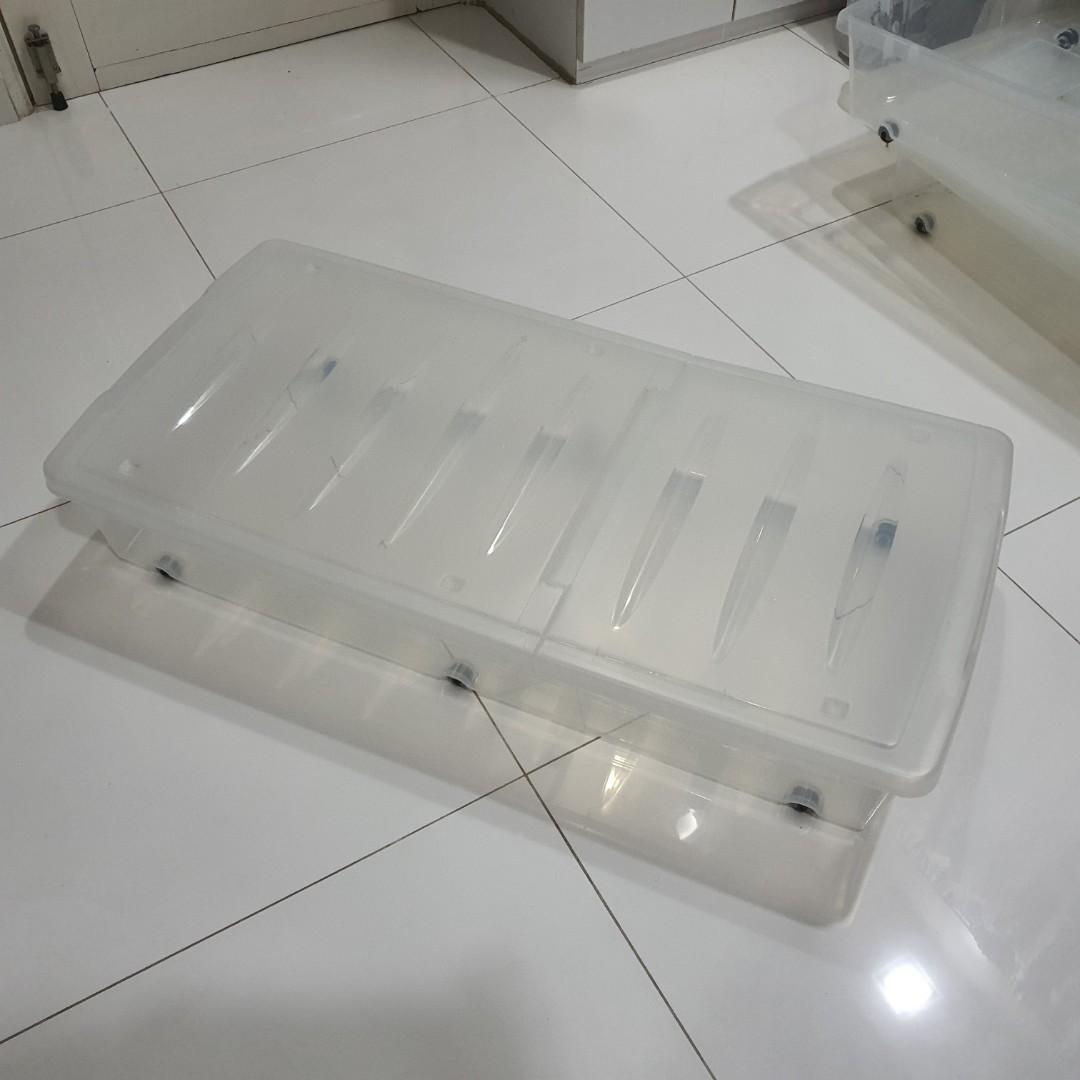 Storage box plastic large pulley flat transparent under bed, Furniture ...