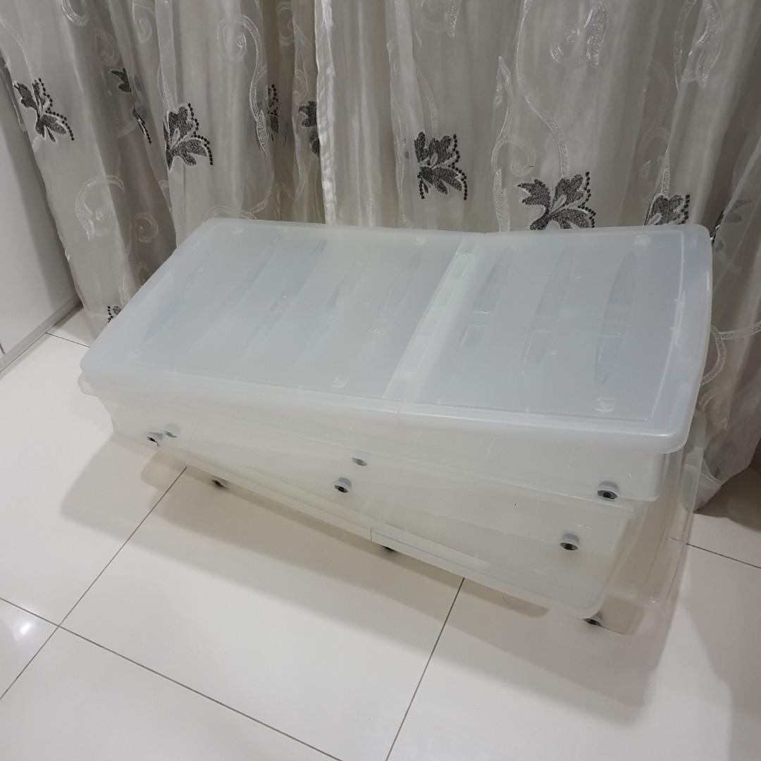 Storage box plastic large pulley flat transparent under bed, Furniture ...