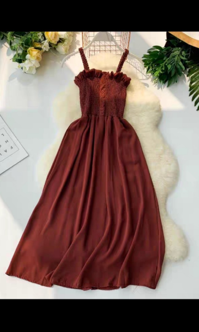 Burgundy smoked midi dress, Women's Fashion, Dresses & Sets, Dresses on ...