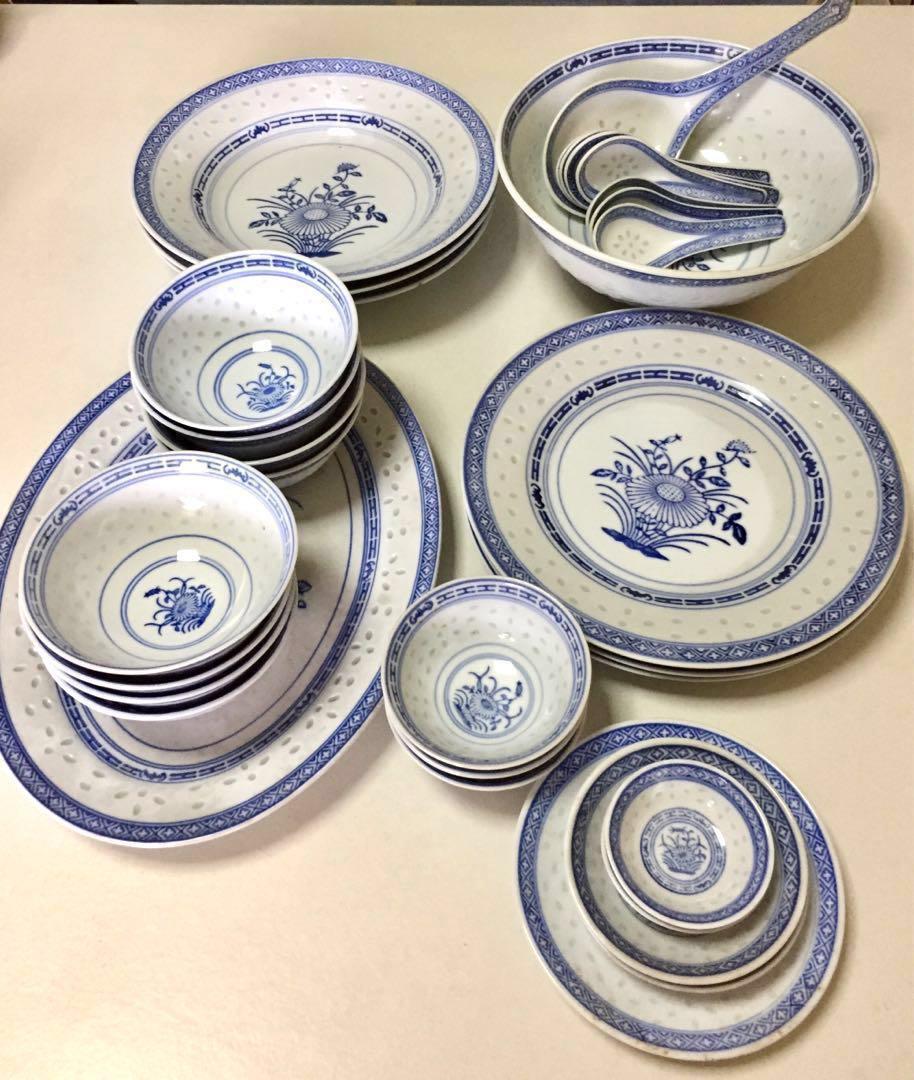 Traditional Chinese Rice Grain Flower design Plate Bowl Porcelain Blue ...
