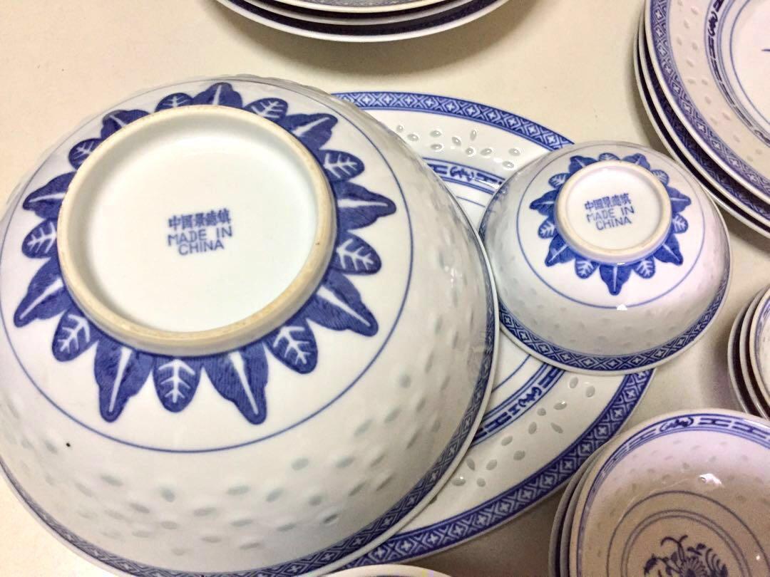 Traditional Chinese Rice Grain Flower design Plate Bowl Porcelain Blue ...