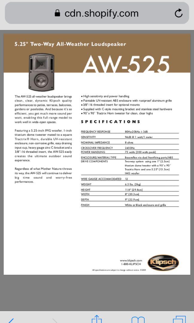 Klipsch AW 525 Outdoor/Indoor Speakers, Audio, Soundbars, Speakers ...