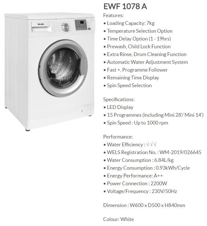 ELBA 7/8KG FRONT LOAD WASHING MACHINES [EWF1075VT/EWF1077A/EWF1078A ...