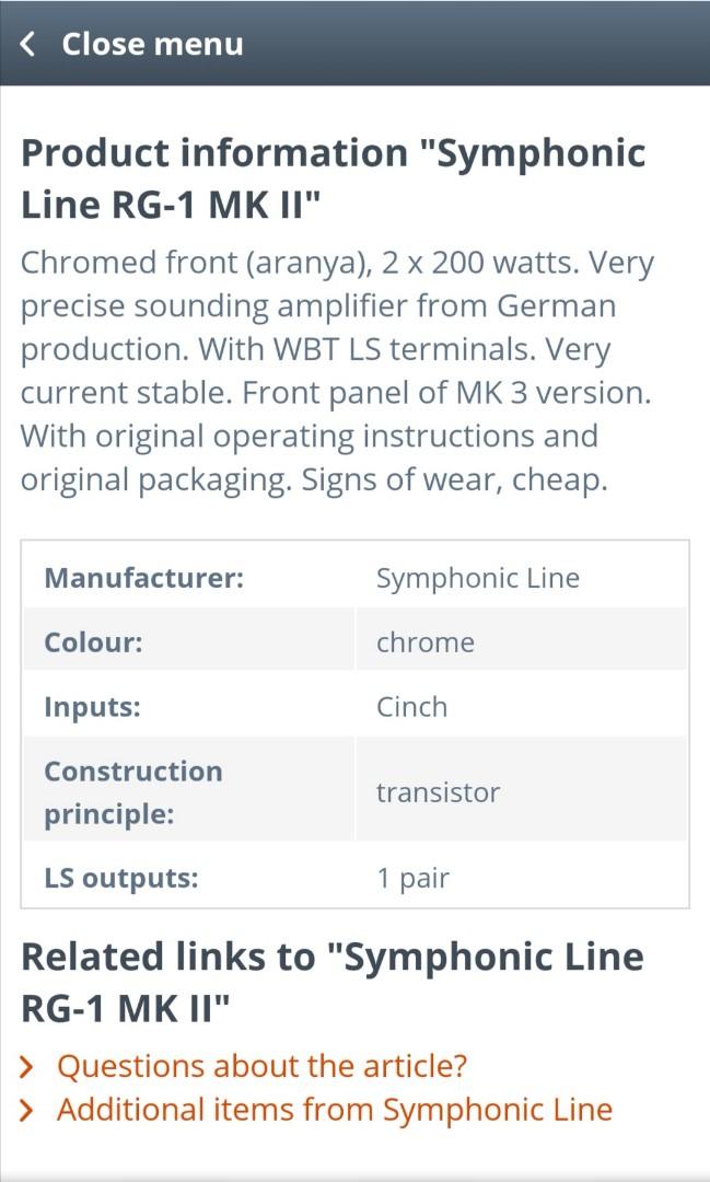 Symphonic Line Rg 1 MK II power amplifier, Audio, Other Audio Equipment ...