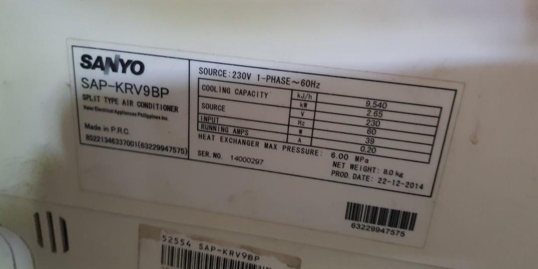 1hp sanyo inverter split type aircon, TV & Home Appliances, Air ... 1hp sanyo inverter split type aircon, TV & Home Appliances, Air ...