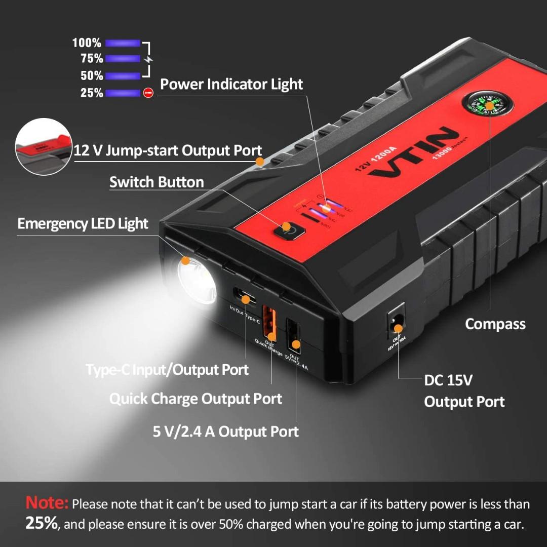 1211) VTIN 1200A Car Jump Starter, Upgraded 12V Power Pack Jump Starter ...