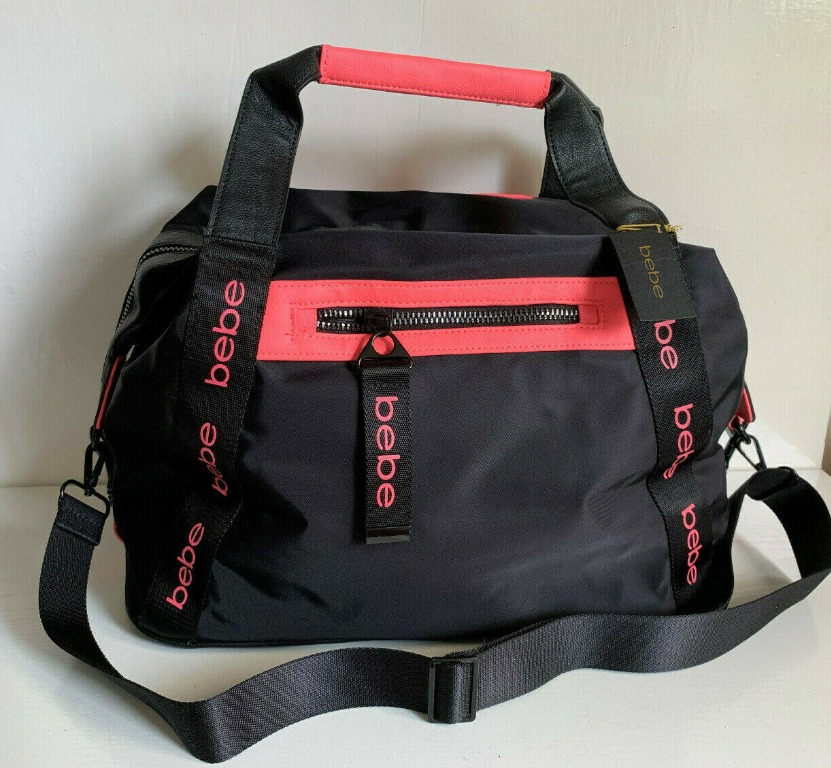 NEW BEBE MELANIE BLACK PINK WEEKENDER TRAVEL LUGGAGE DUFFEL DUFFLE BAG ...