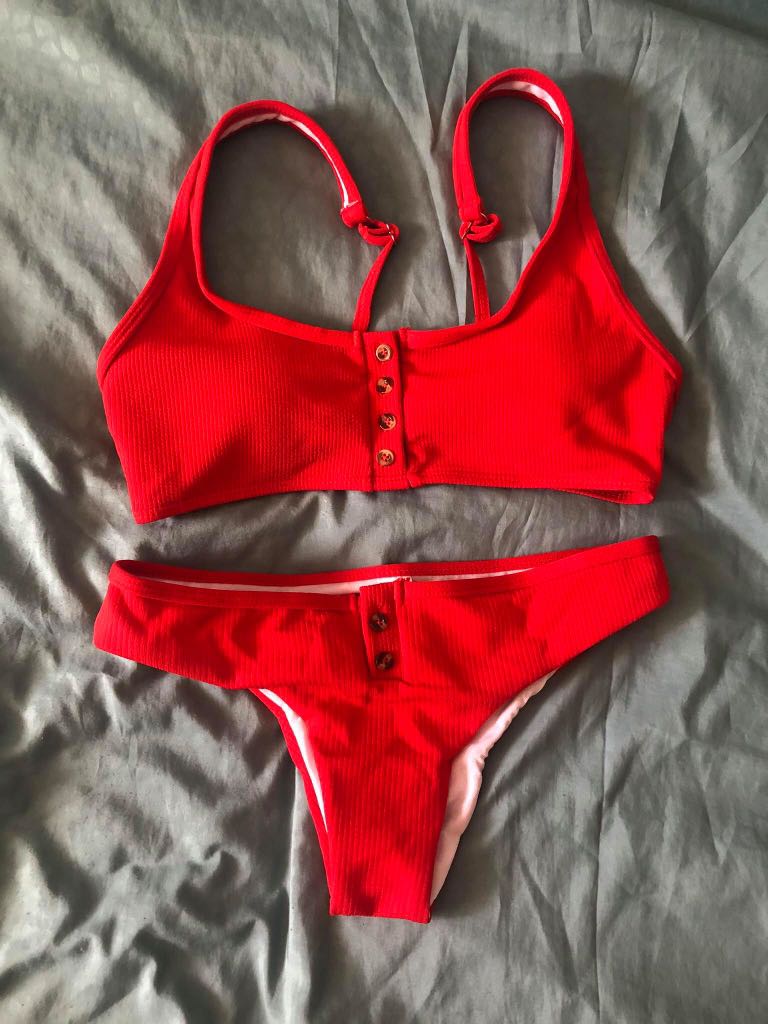 Red Bathing Suit, Women's Fashion, Swimwear, Rash guard on Carousell